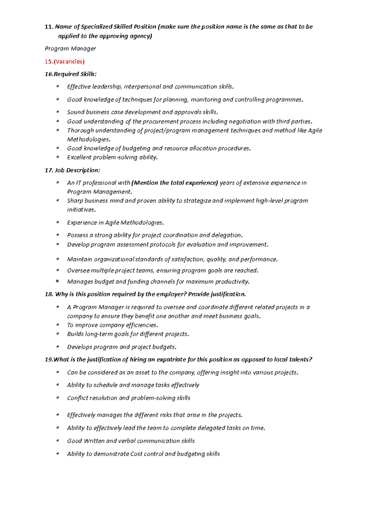 Program Manager Profile Summary - Name of Specialized Skilled Position ...