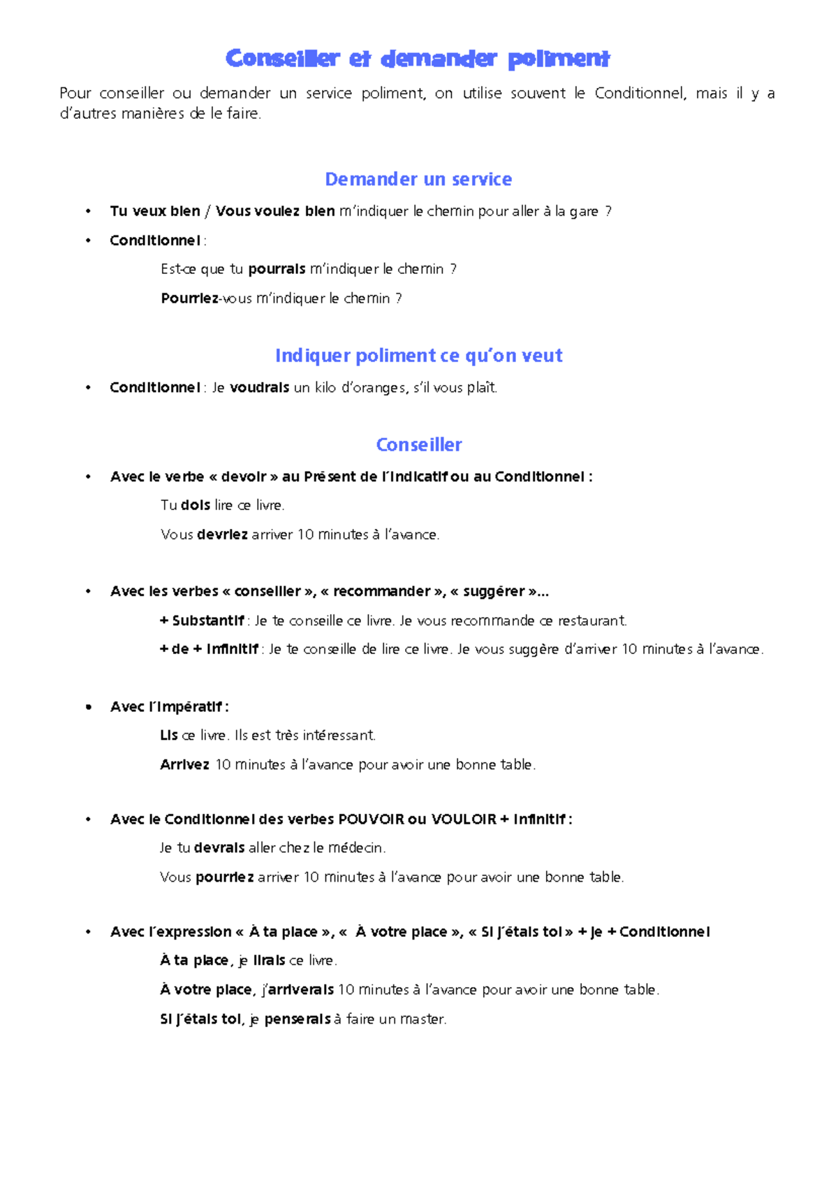 Conseiller et demander poliment - Demander un service • Tu veux bien ...