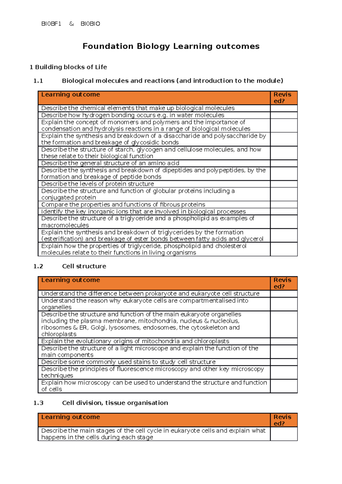 Learning Outcomes for Foundation Biology - Foundation Biology Learning ...