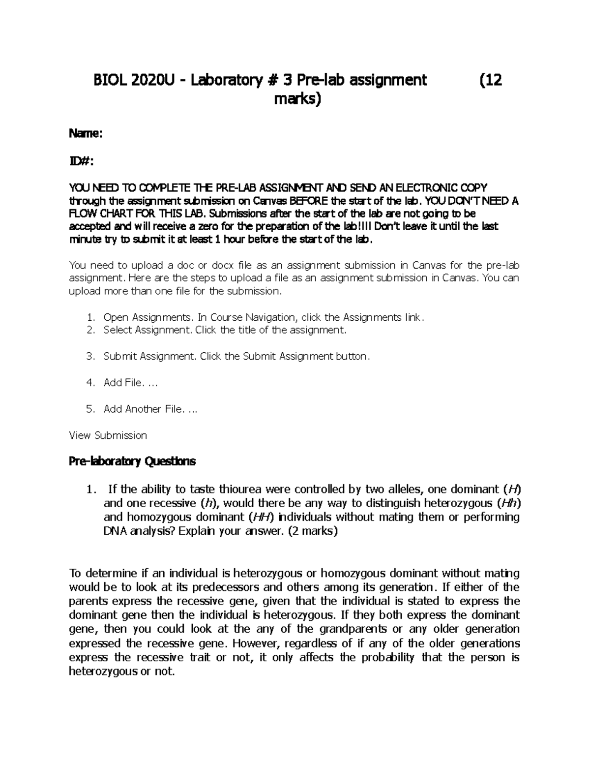 Genetics prelab 3 copy - the third pre lab assignment - BIOL 2020 U - Laboratory # 3 Pre-lab ...