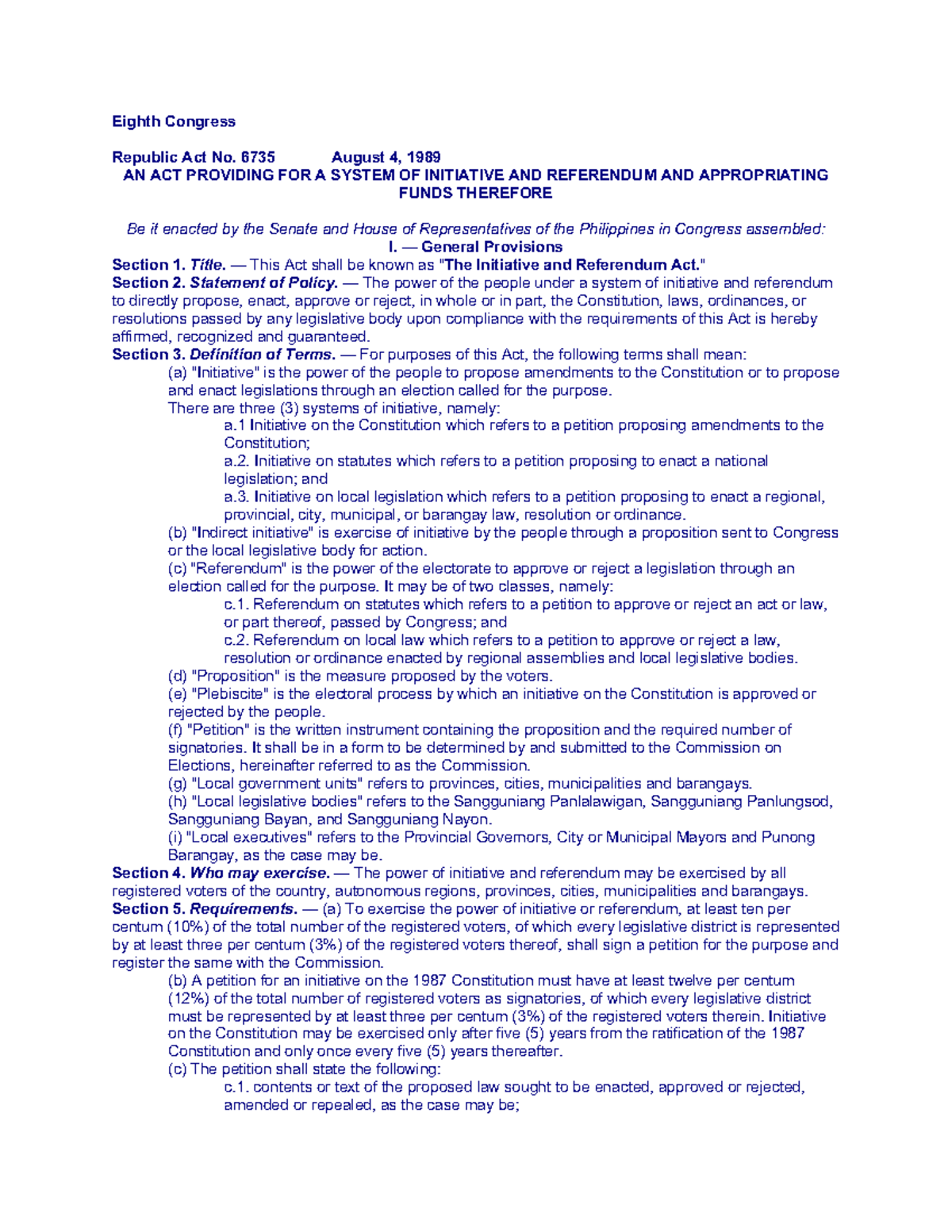 Consti 1 Reviewer - ABC - Eighth Congress Republic Act No. 6735 August ...