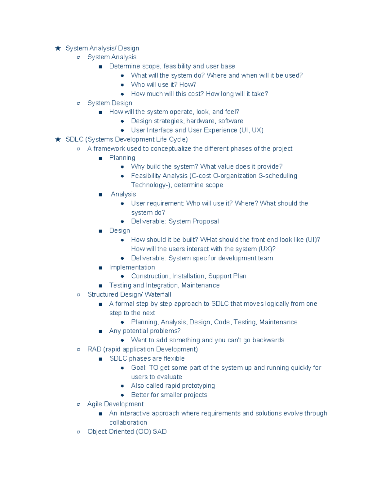 Full year notes - ★ System Analysis/ Design System Analysis Determine ...