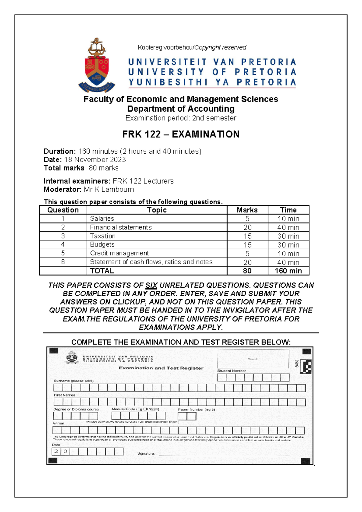 FRK 122 Exam (2023) Questionnaire - Kopiereg voorbehou/Copyright ...