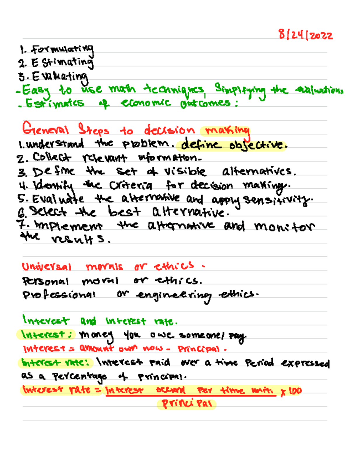 1 - Notes - 8/24/ I. Formulating Estimating Evaluating Easy to use math ...