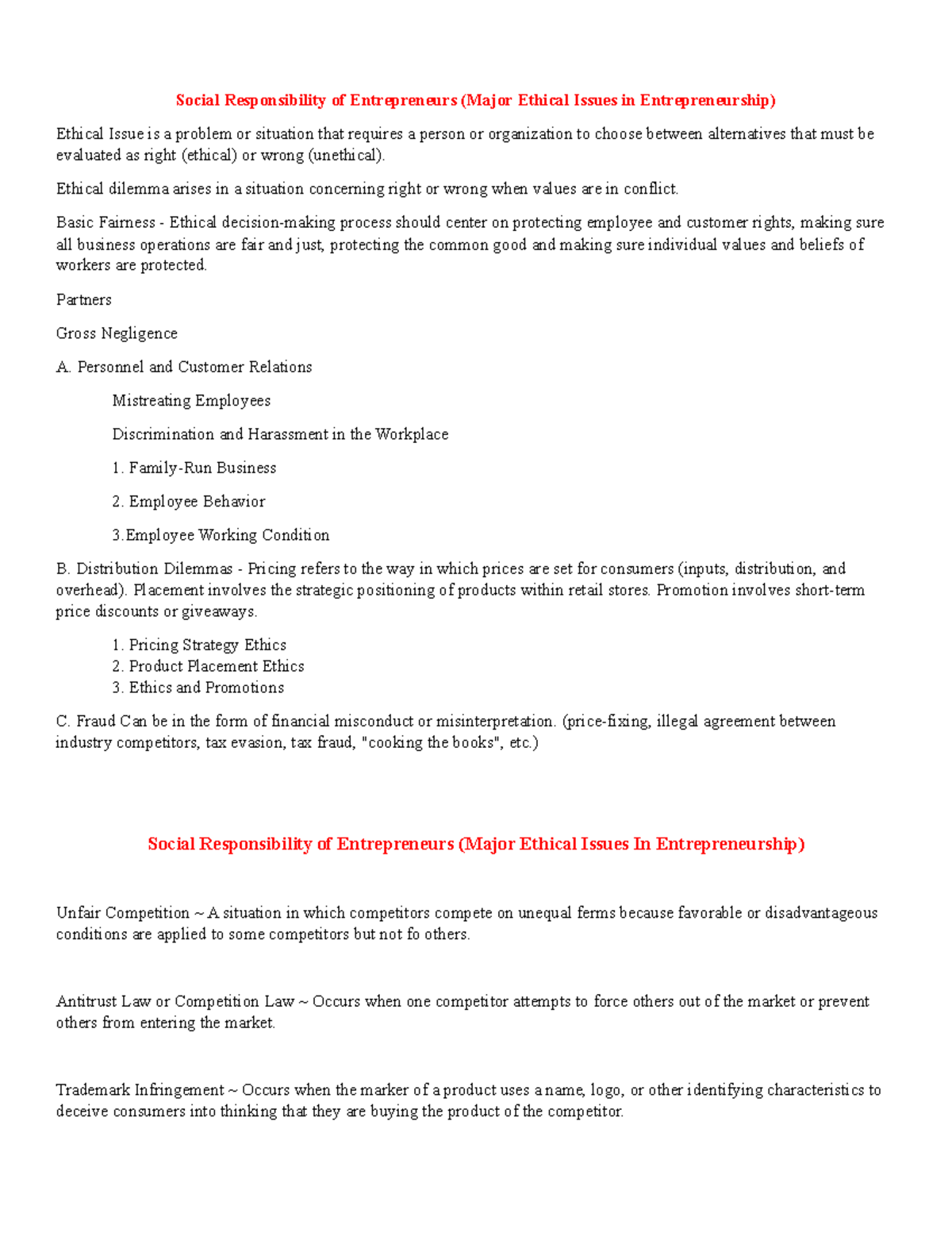 Ethics Review - Social Responsibility of Entrepreneurs (Major Ethical ...