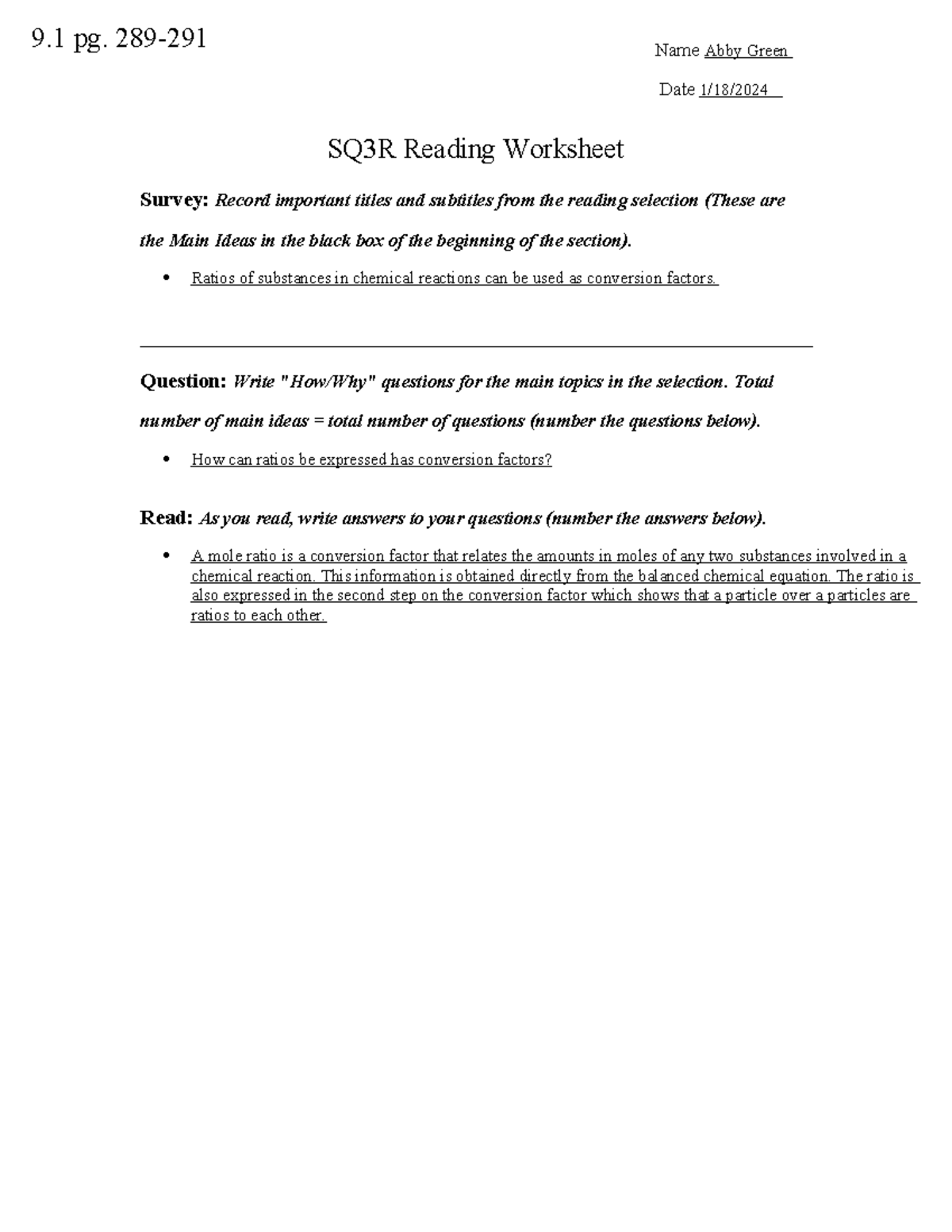 9.1 SQ3R pg. 289-291 plus 291 (1-4) 1 - 9 pg. 289- SQ3R Reading ...