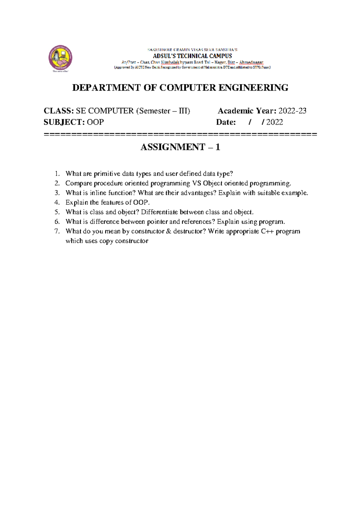 Oop Assignment 1 To 4 By Jrm Class Se Computer Semester Iii Academic Year 2022 Subject