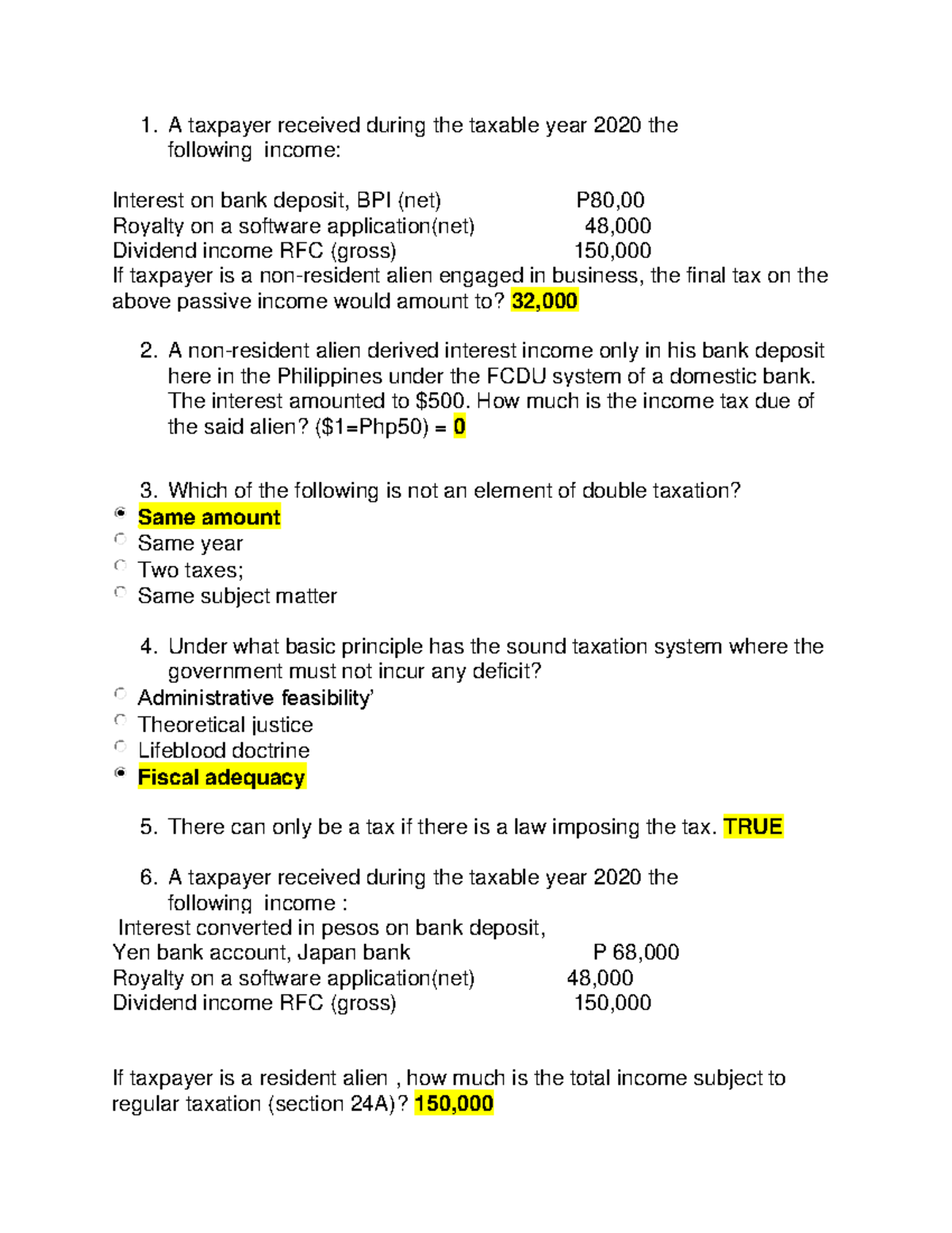 INCOME TAXATION QUIZ 1 - A taxpayer received during the taxable year ...