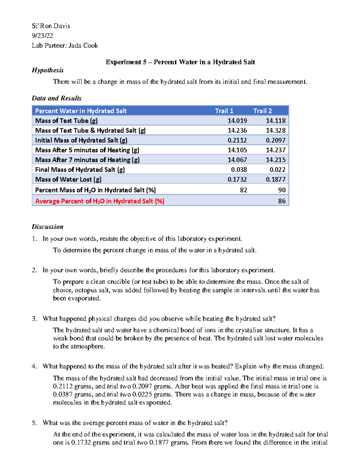 Short Report Form - GCI - Percent Water - Si’Ron Davis 9/23/ Lab ...