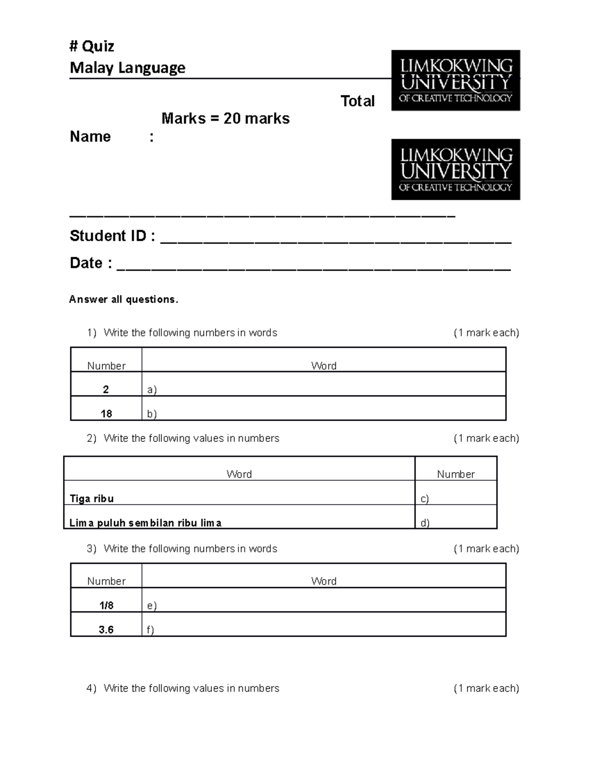 Malay Language - Quiz (Question) - Foreign Language 1 - Limkokwing ...