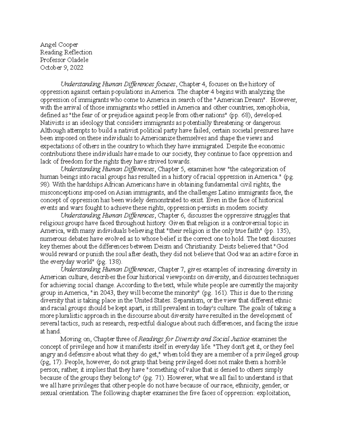 Reading Reflection - Angel Cooper Reading Reflection Professor Oladele ...