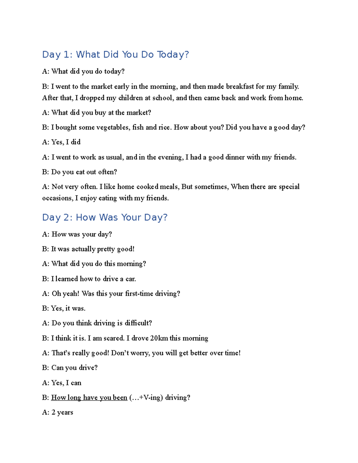 Short Daily Conversation - Day 1: What Did You Do Today? A: What did ...