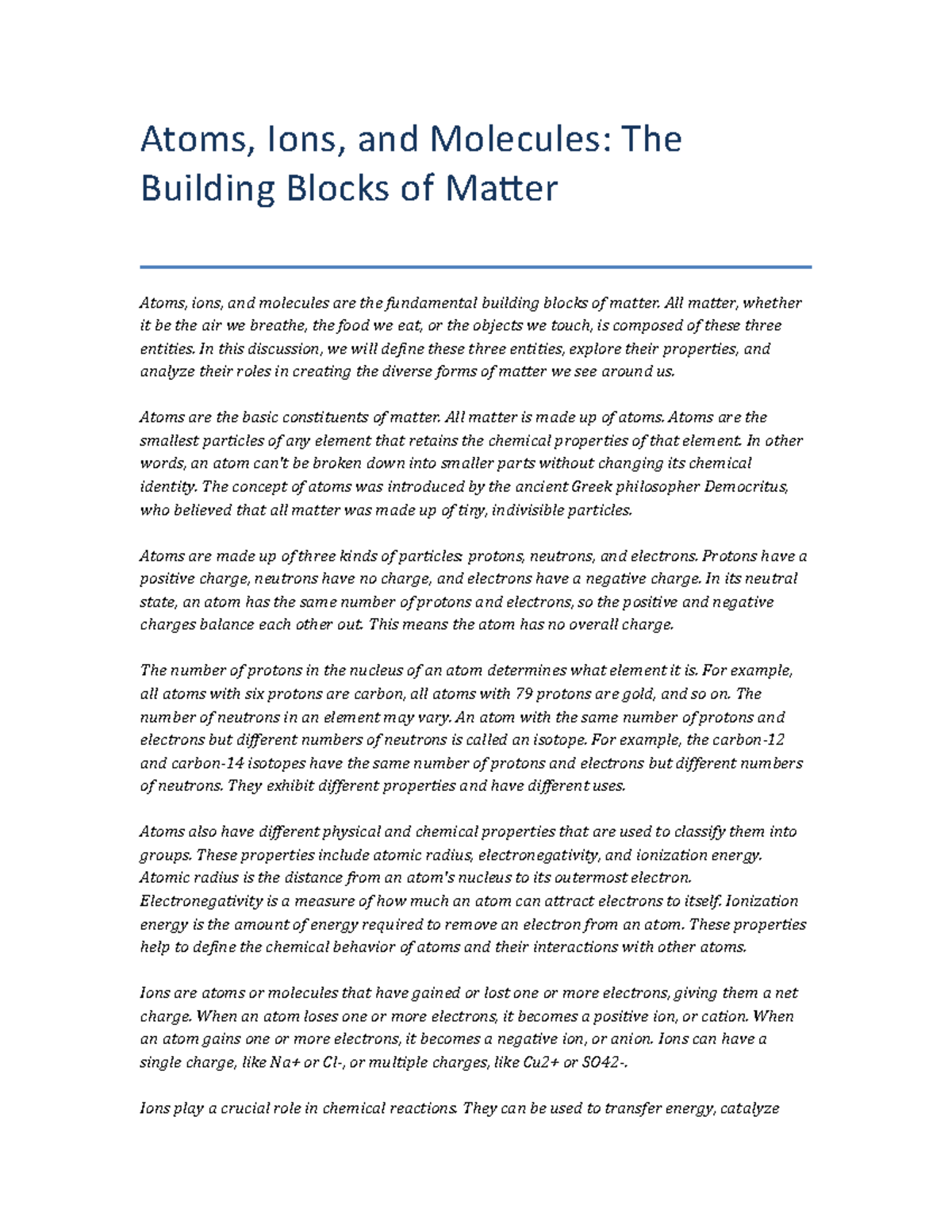 Atoms, Ions, and Molecules The Building Blocks of Matter - Atoms, Ions ...