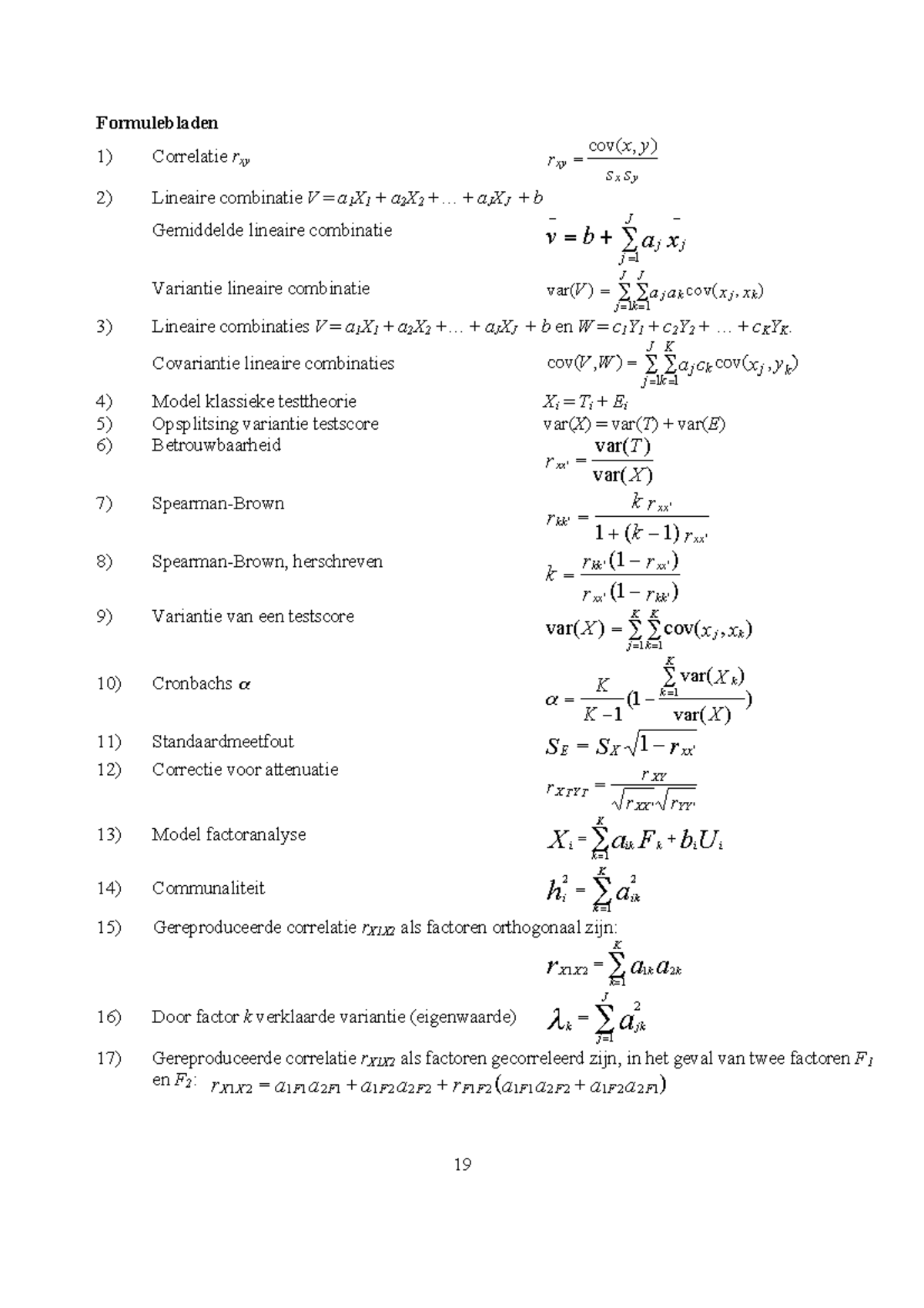 Formule Blad - ####### 19 Formulebladen Correlatie rxy ss x y r yx xy ...