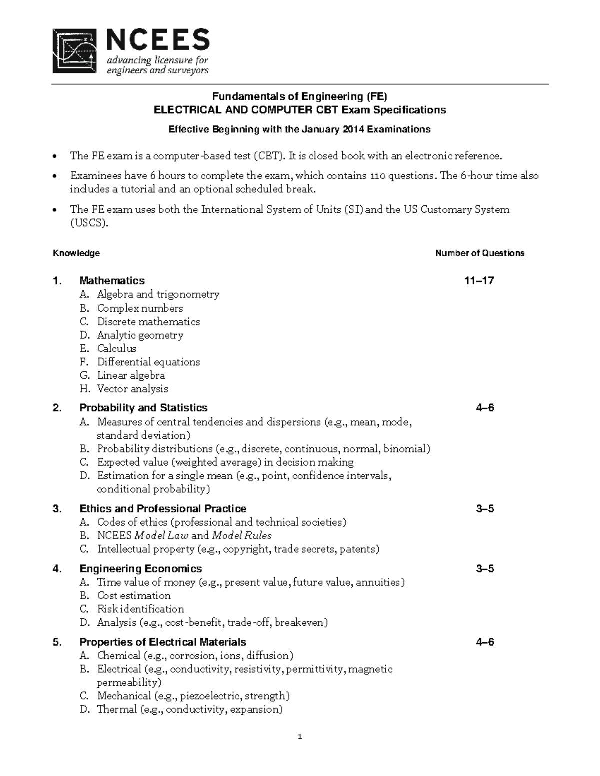 FE Ele CBT specs - Practical Exam - 1 Fundamentals of Engineering (FE ...