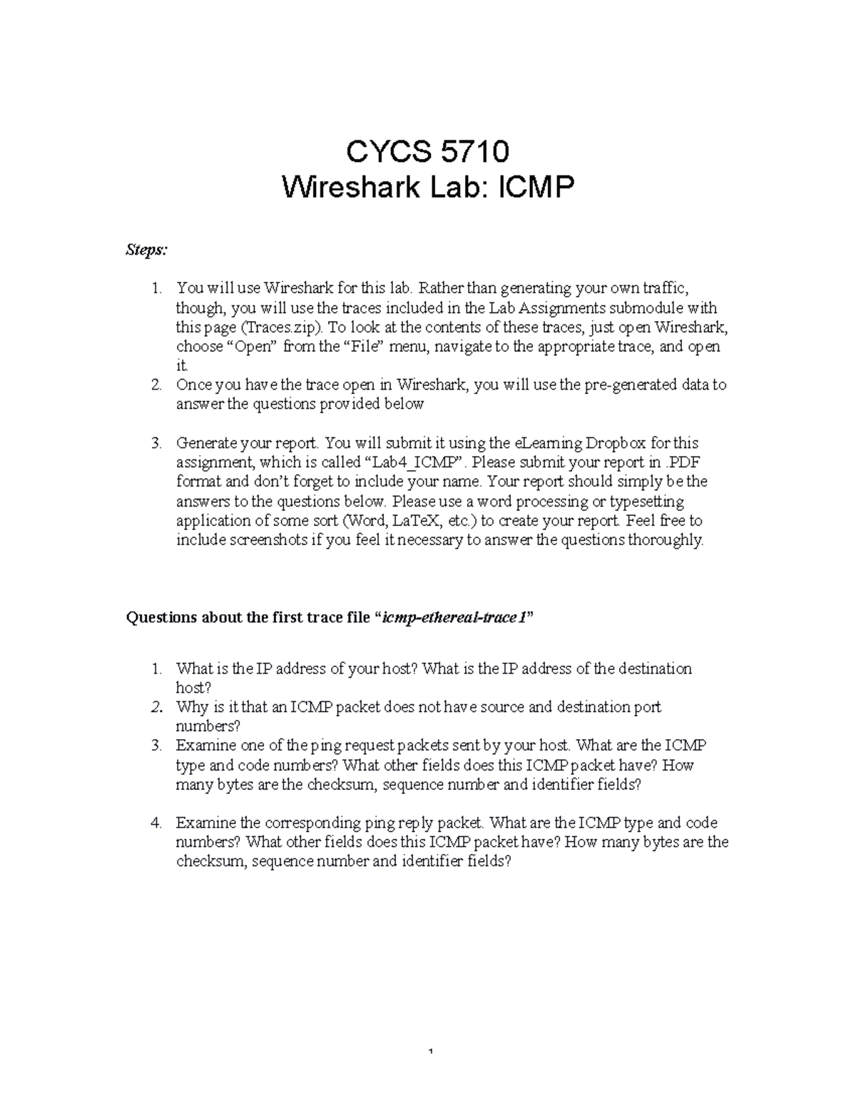 Wireshark ICMP - LAB - CYCS 5710 Wireshark Lab: ICMP Steps: 1. You will ...