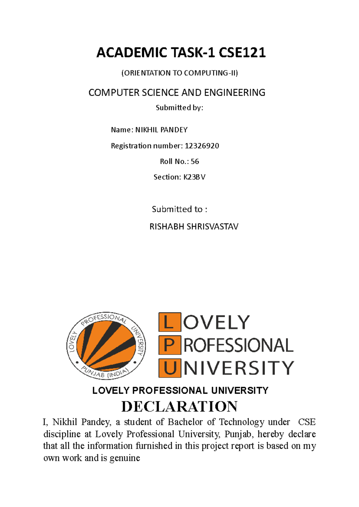 Nikhilpandey Academic Task 1 Cse Orientation To Computing Ii Computer Science And