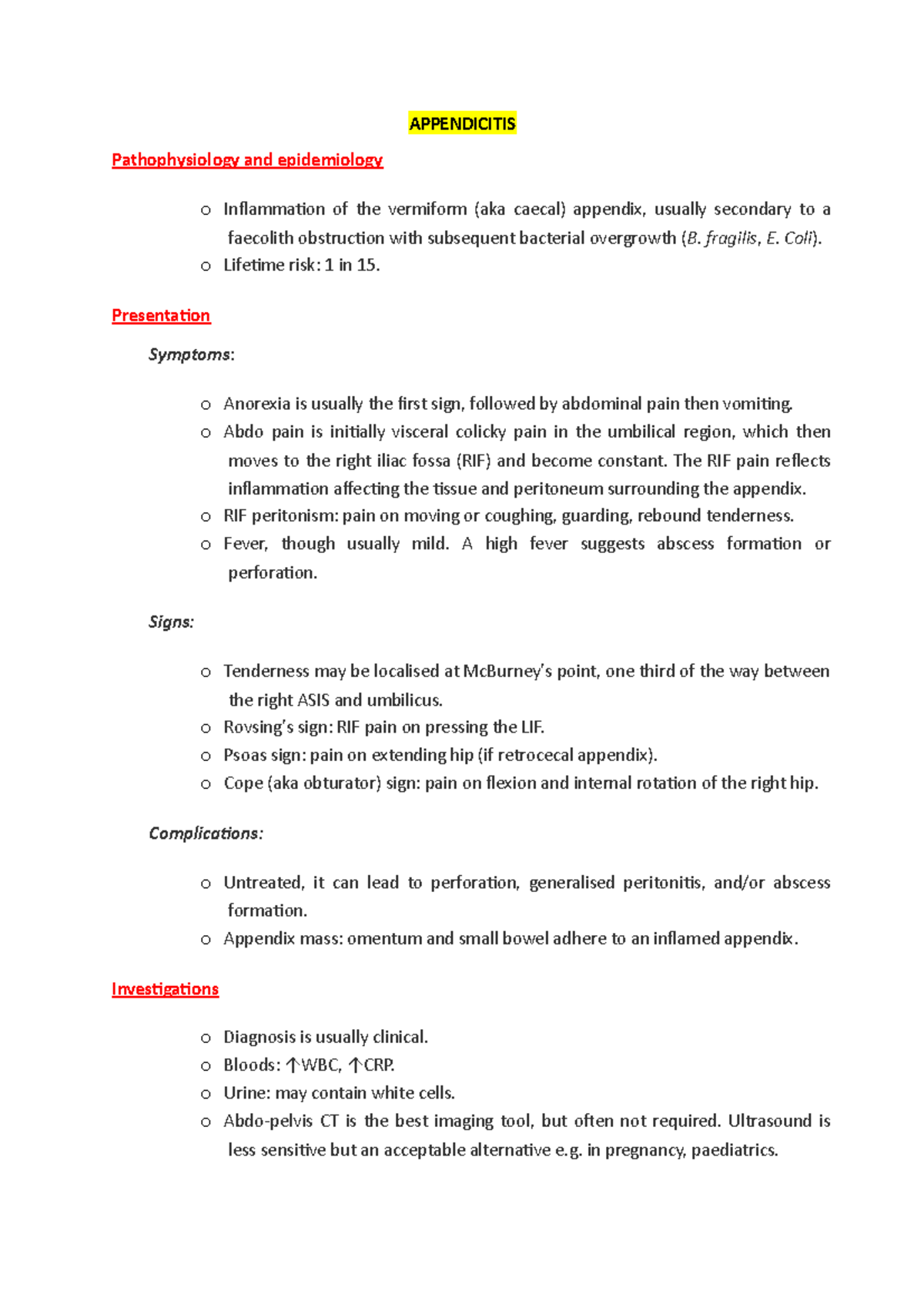 Appendicitis - Lecture notes 1 - APPENDICITIS Pathophysiology and ...