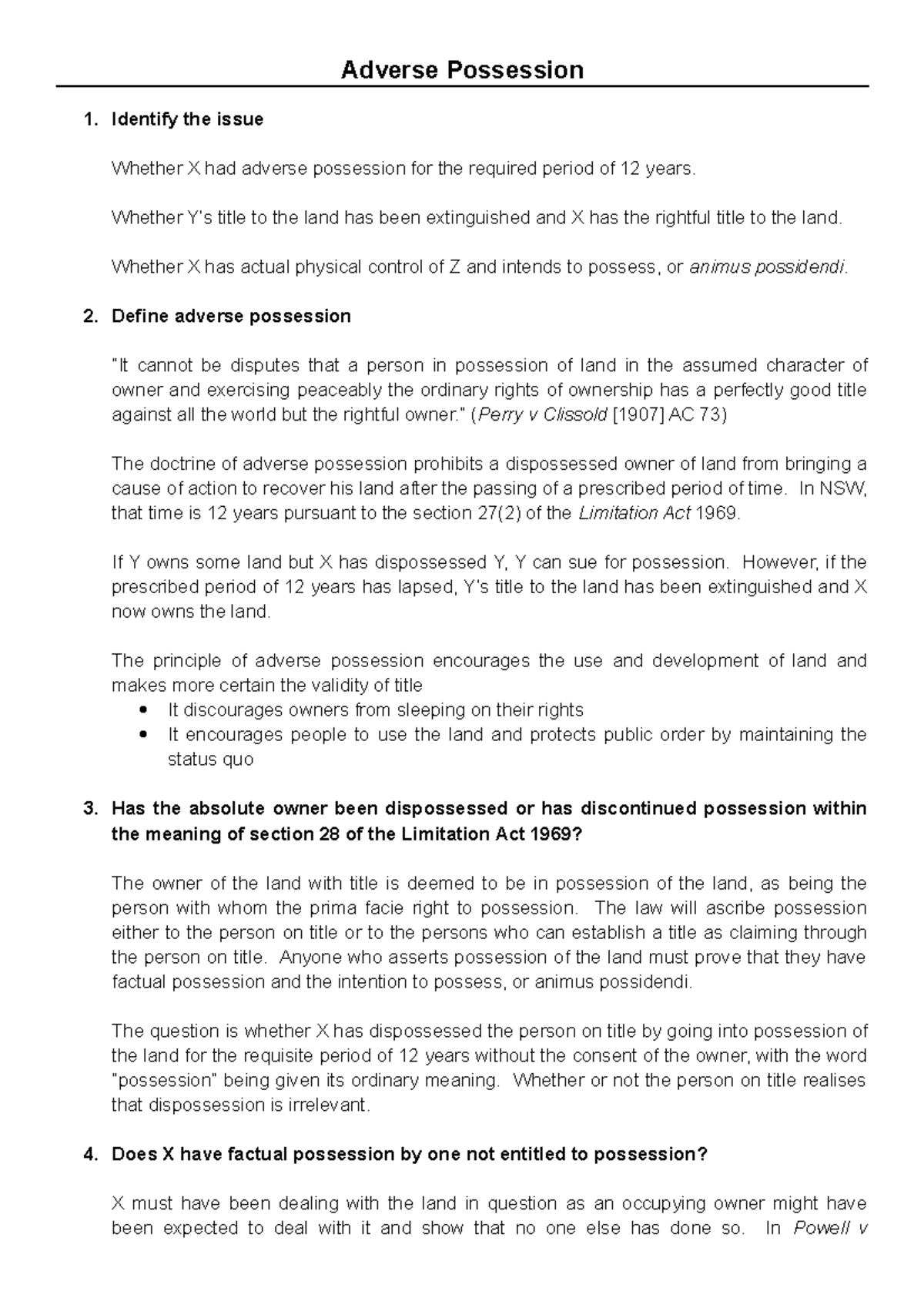 Property Law Skeleton Answers - Adverse Possession 1. Identify the ...