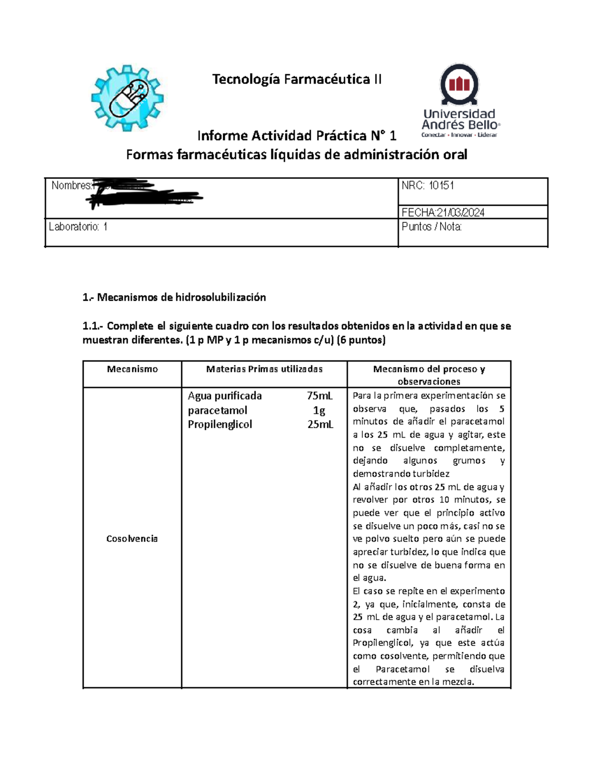 1. Informe Actividad Práctica Soluciones Orales (2024 10) - Tecnología Farmacéutica II Informe ...