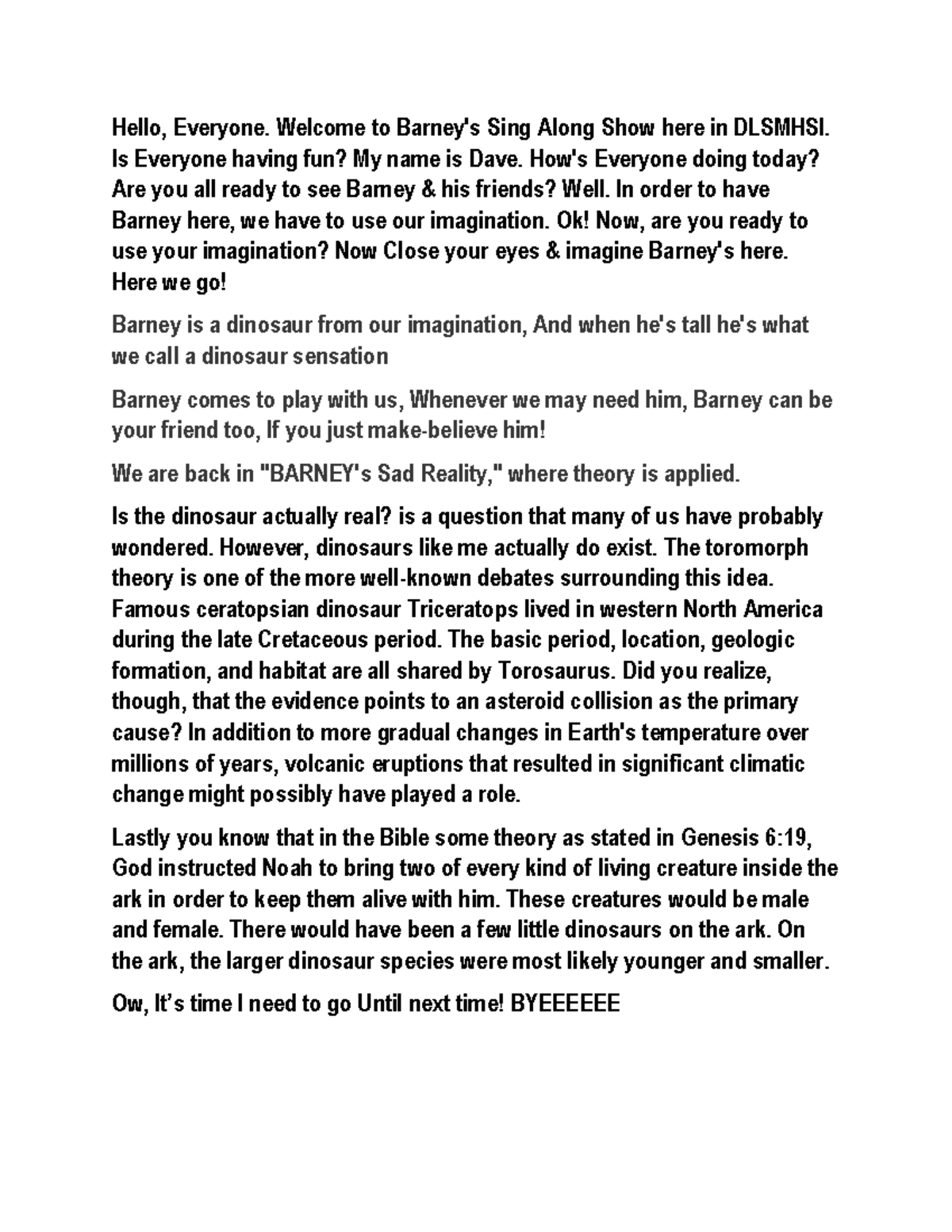 Barney - This ismy notes . - Hello, Everyone. Welcome to Barney's Sing ...