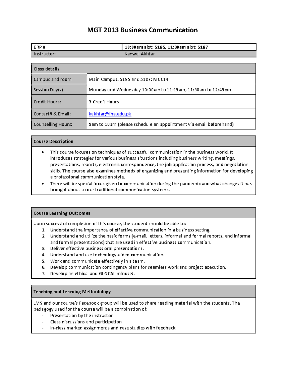 Business Communication Course Outline Fall 2021 - MGT 2013 Business ...
