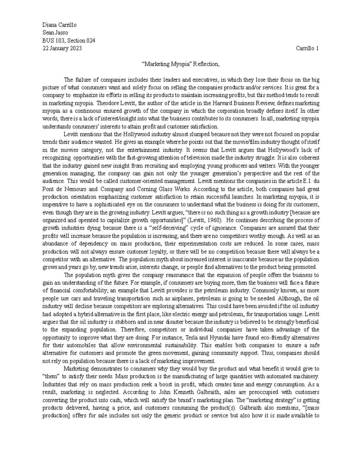 Reading Reflection "Marketing Myopia" - Diana Carrillo Sean Jasso BUS ...