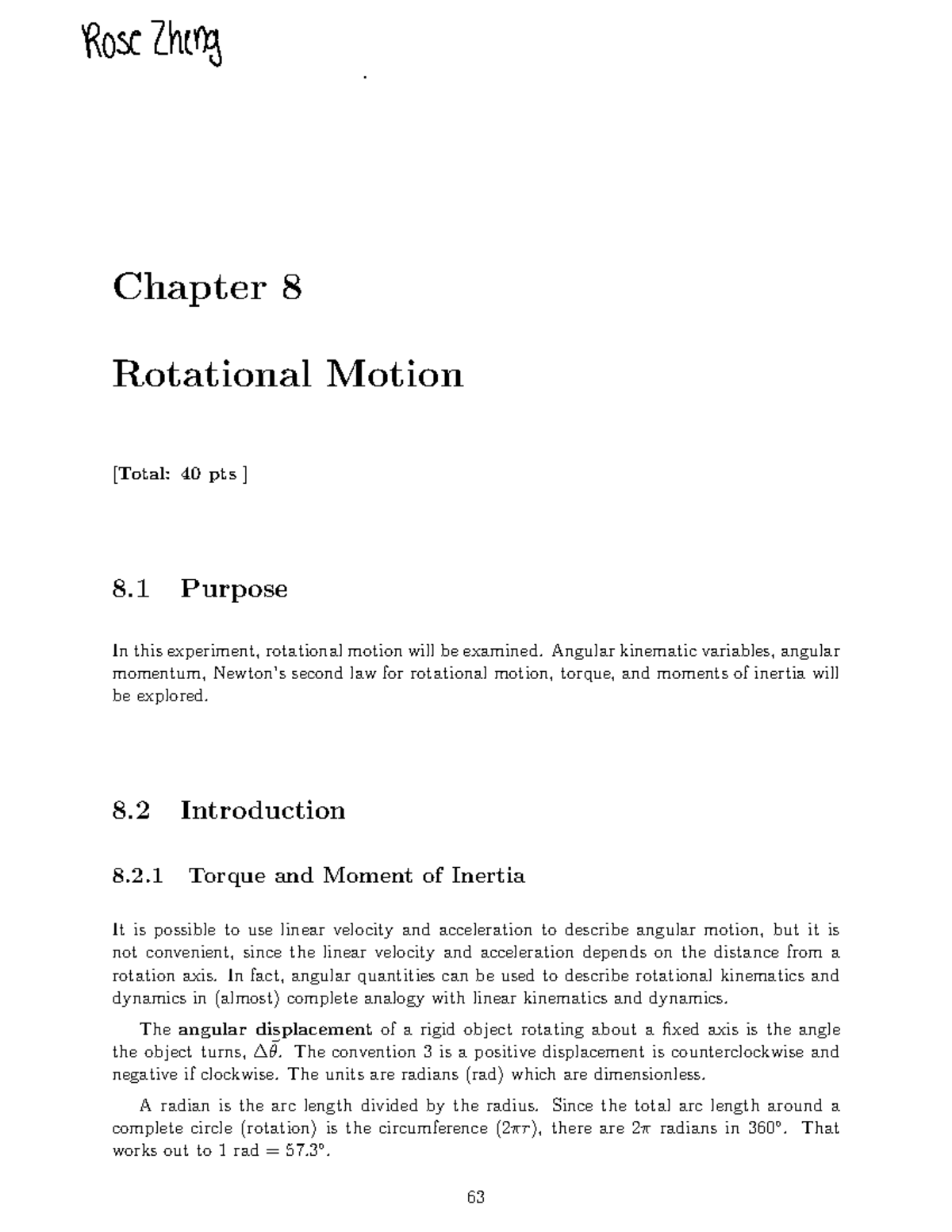 Lab A8 Report - Chapter 8 Rotational Motion [Total: 40 pts ] 8 Purpose ...