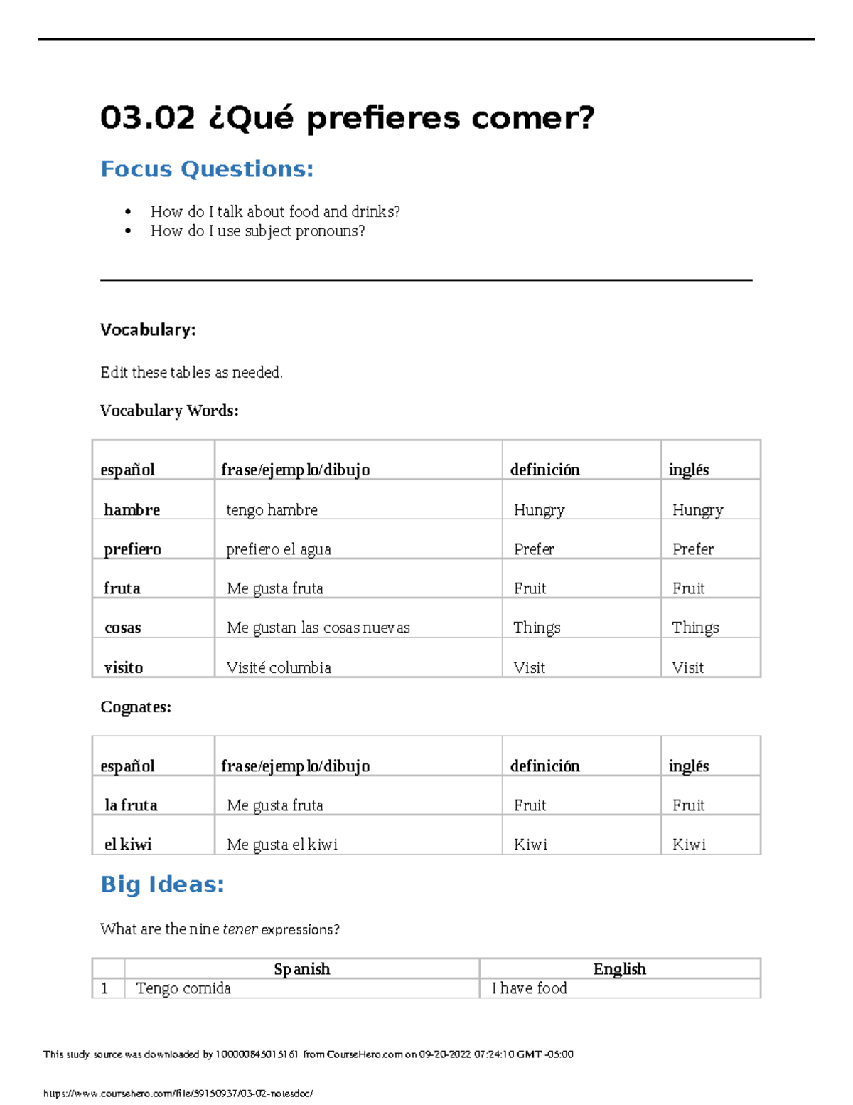 03 02 notes - Class work - 03 ¿Qué prefieres comer? Focus Questions ...