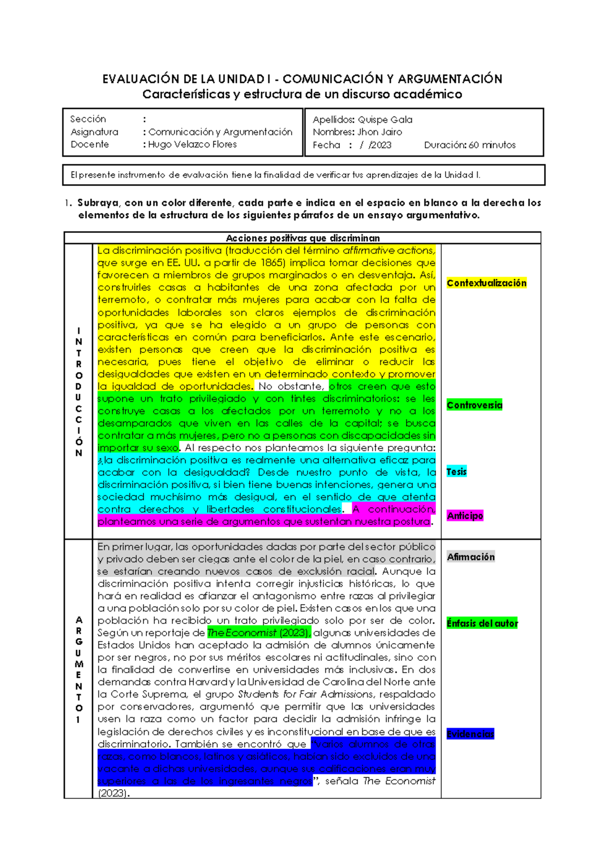 Evaluación Unidad I - lkj - EVALUACI”N DE LA UNIDAD I - COMUNICACI”N Y ARGUMENTACI”N ...