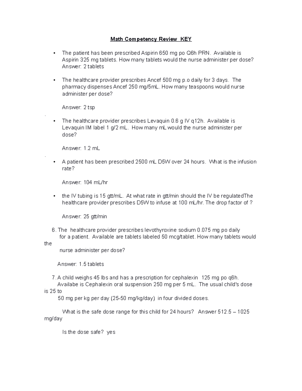 Math Pharmacology for Nursing review KEY (1) - Math Competency Review ...