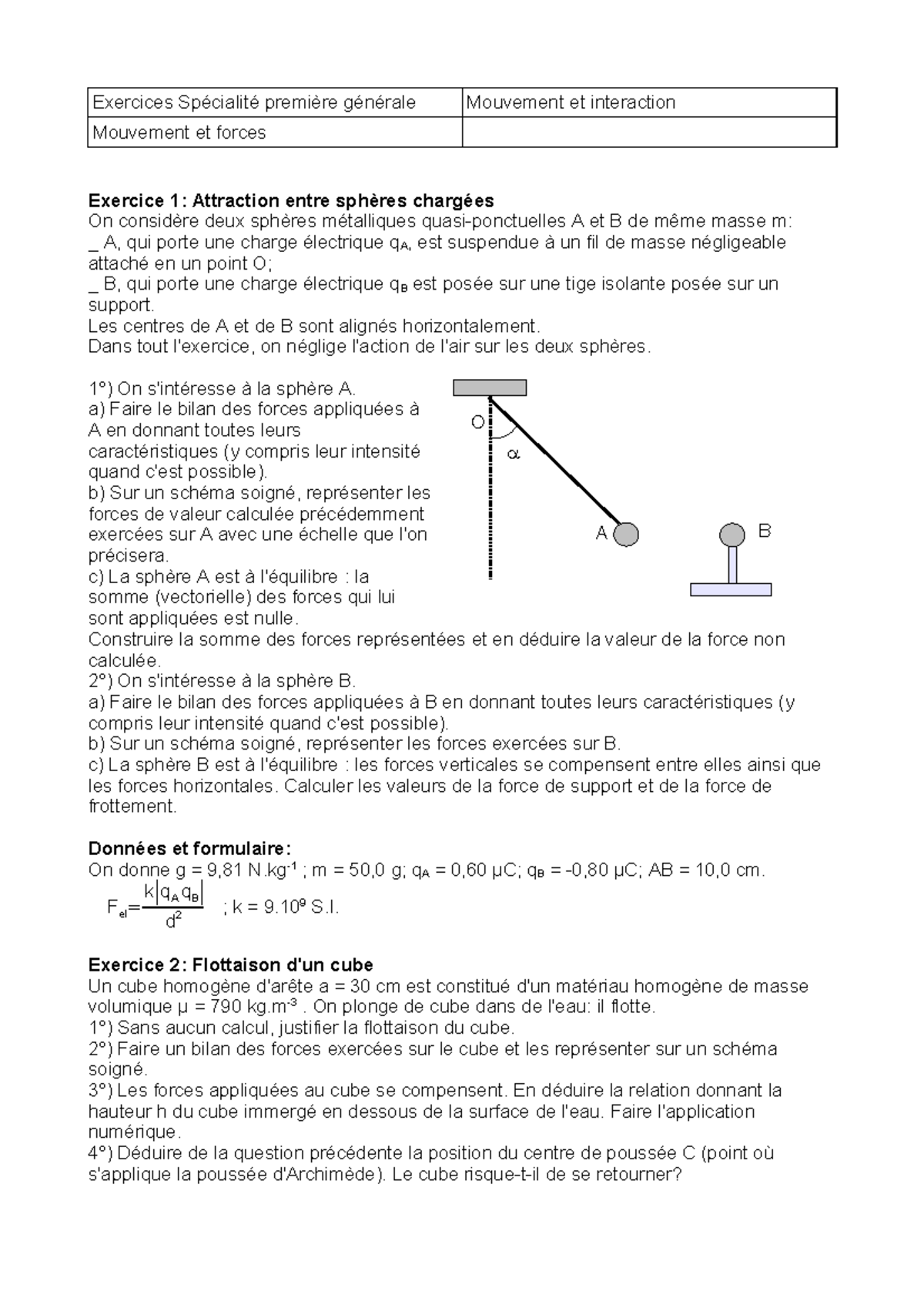 Mouvement forces - Exercice de mathématique niveau premiere - Exercices ...
