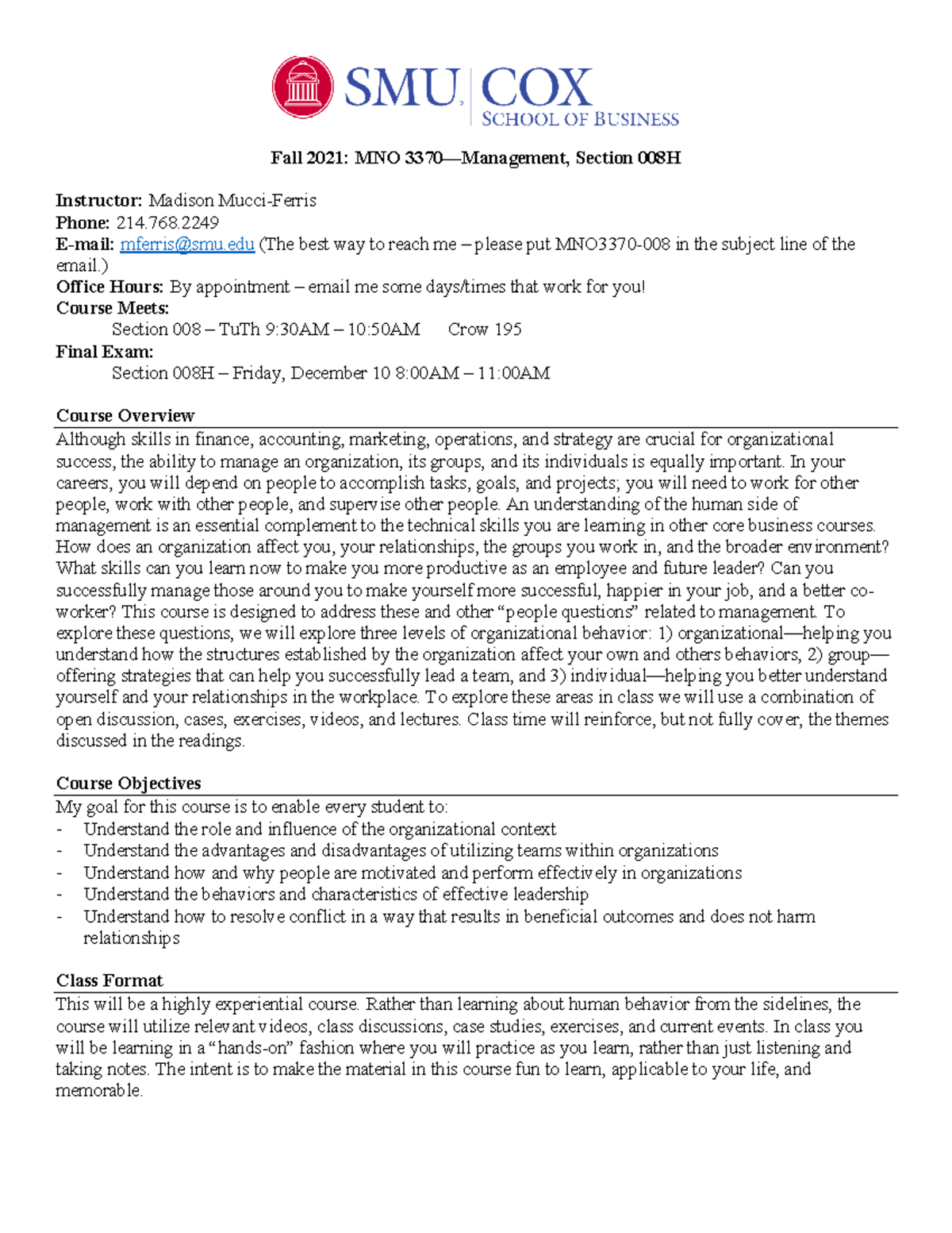 Fall 2021 MNO3370 Syllabus - Section 008H - Fall 2021: MNO 3370 ...