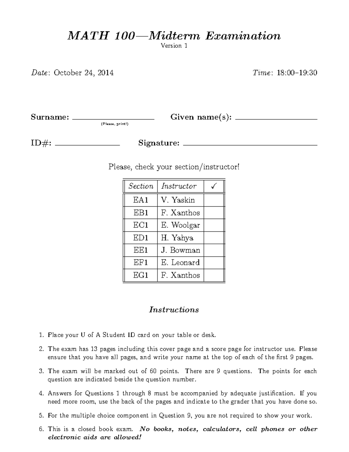 M100f2014 midterm solutions - MATH 100—Midterm Examination Version 1 ...