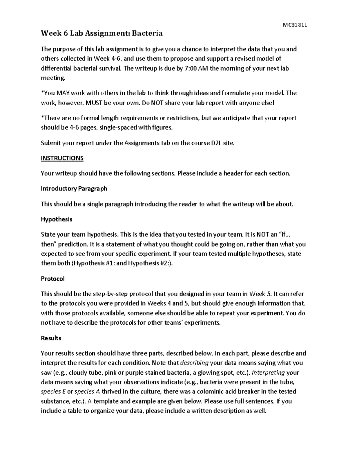 Week 6 Bacteria Lab Writeup instructions - Week 6 Lab Assignment: Bacteria The purpose of this ...