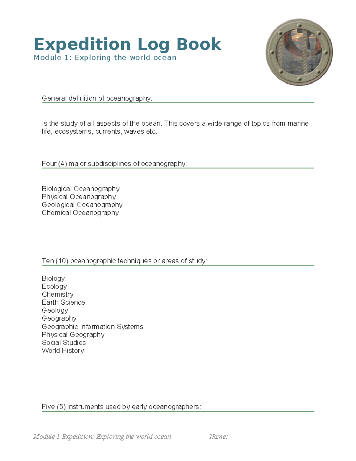 Log Book 1 Chloe Wiseman - Module 1: Exploring the world ocean General ...