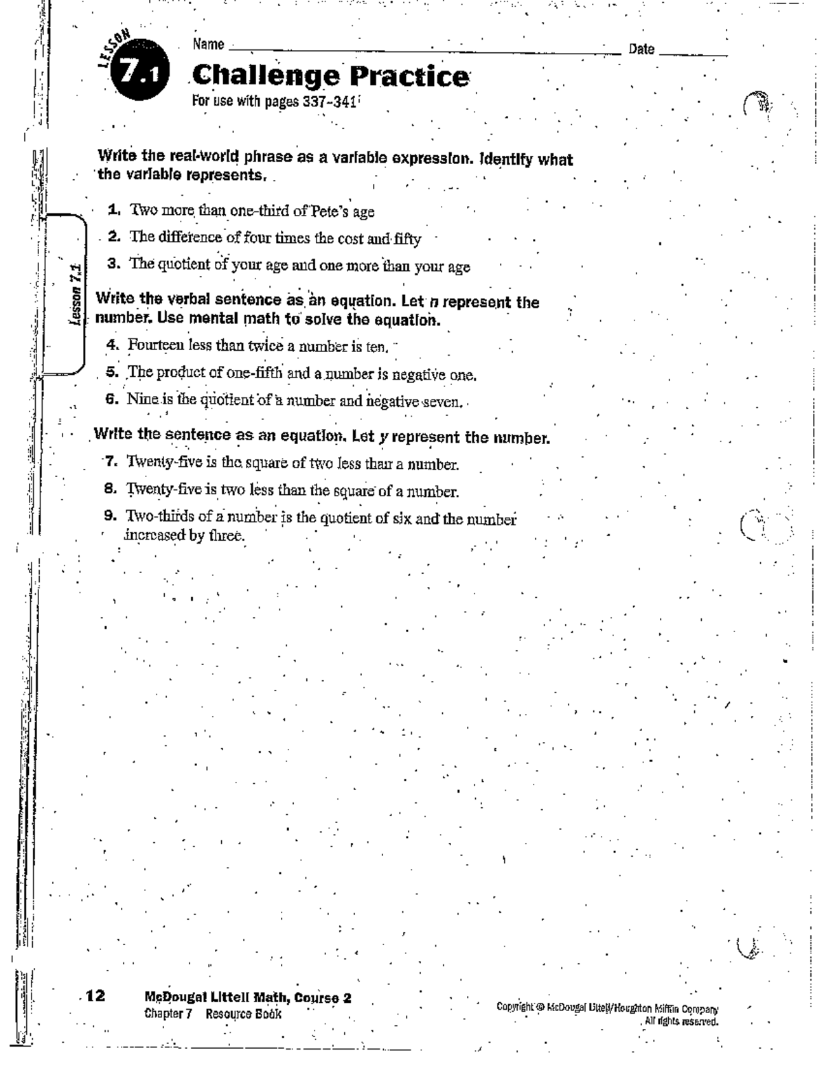 7 1 Challenge Practice - Pre-Algbra - Studocu