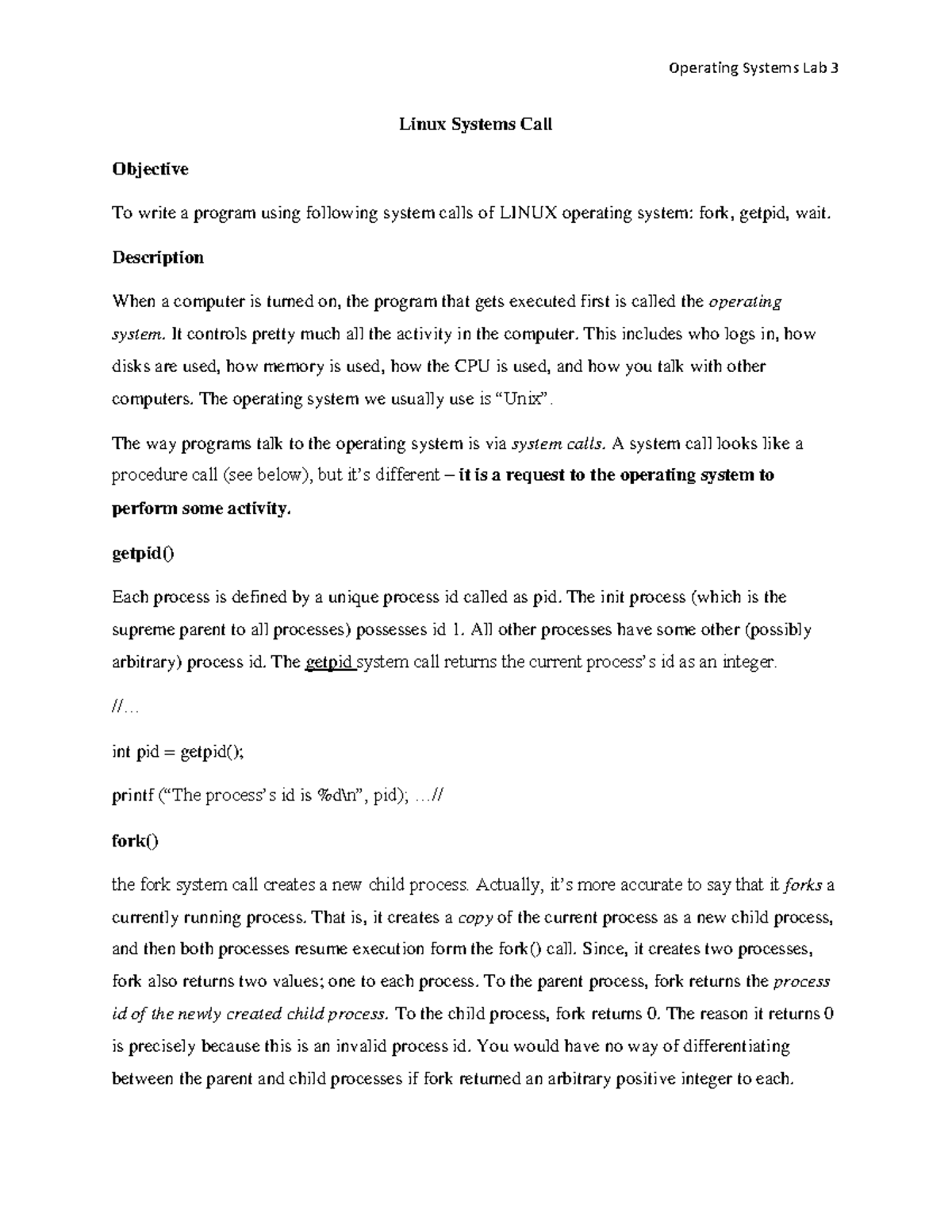Linux Systems Calls Lab 3 Operating Systems Lab 3 Linux Systems Call Objective To Write A