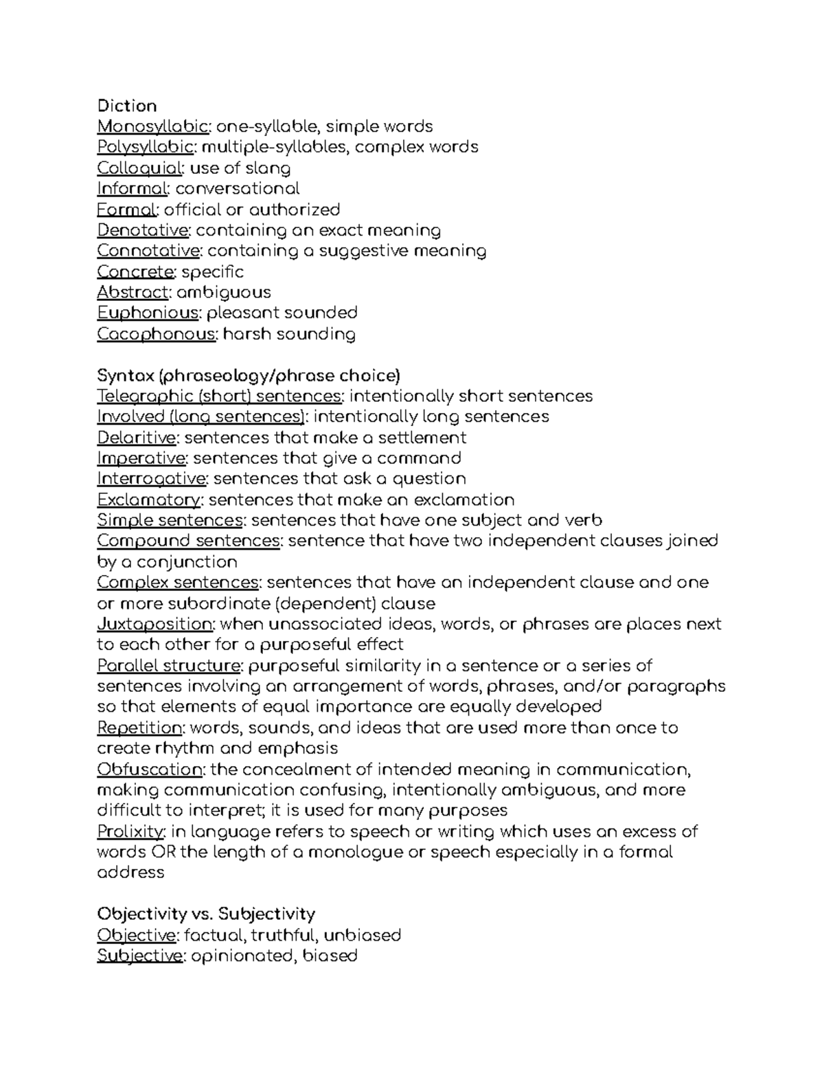 Diction, Syntax, and Rhetorical Techniques - Diction Monosyllabic: one ...