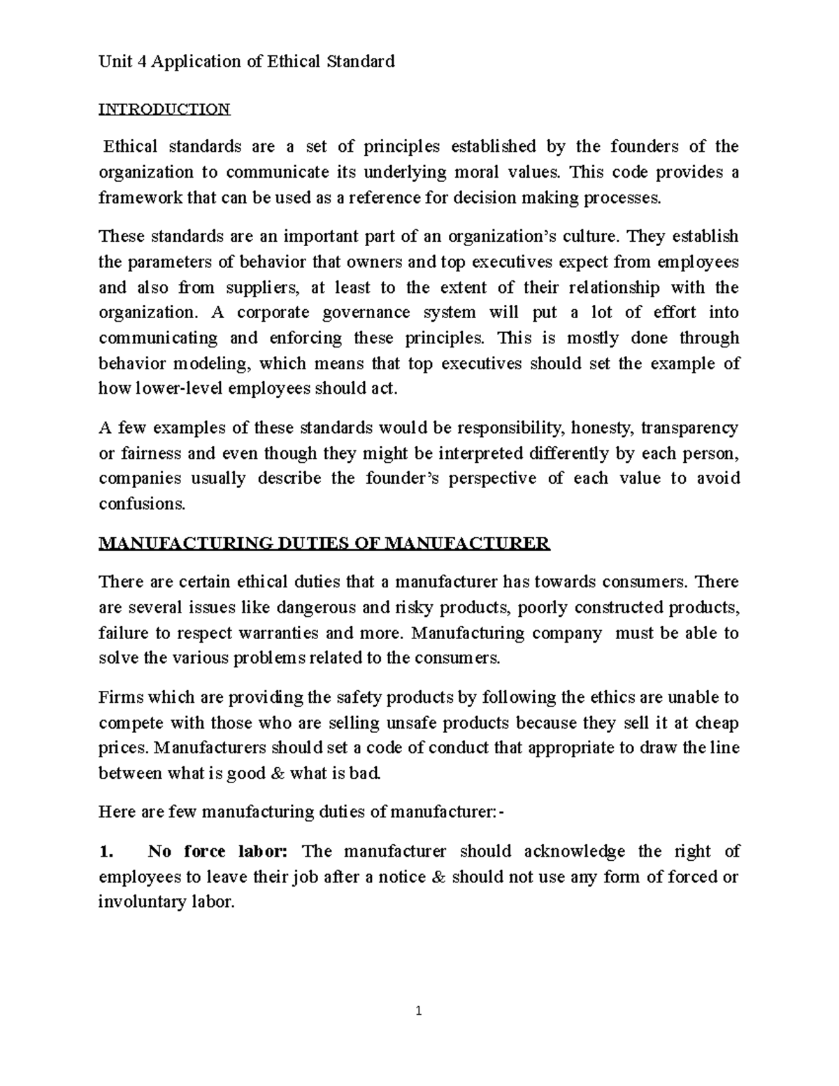 Unit 4 - vhjv - INTRODUCTION Ethical standards are a set of principles ...