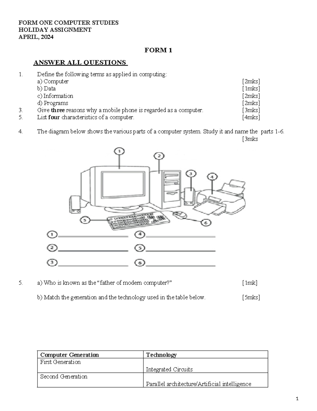 Computer F1 - useful material - FORM ONE COMPUTER STUDIES HOLIDAY ...