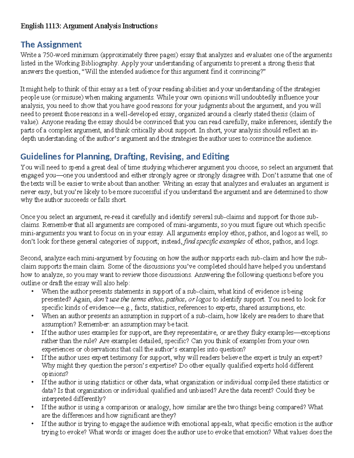 Argument Analysis Essay Instructions English 1113 Argument Analysis