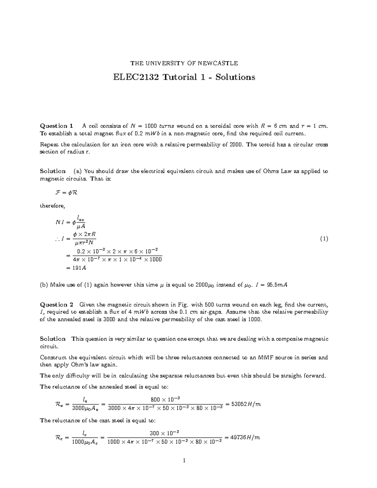 Tutorial 1 Solutions - THE UNIVERSITY OF NEWCASTLE ELEC2132 Tutorial 1 ...