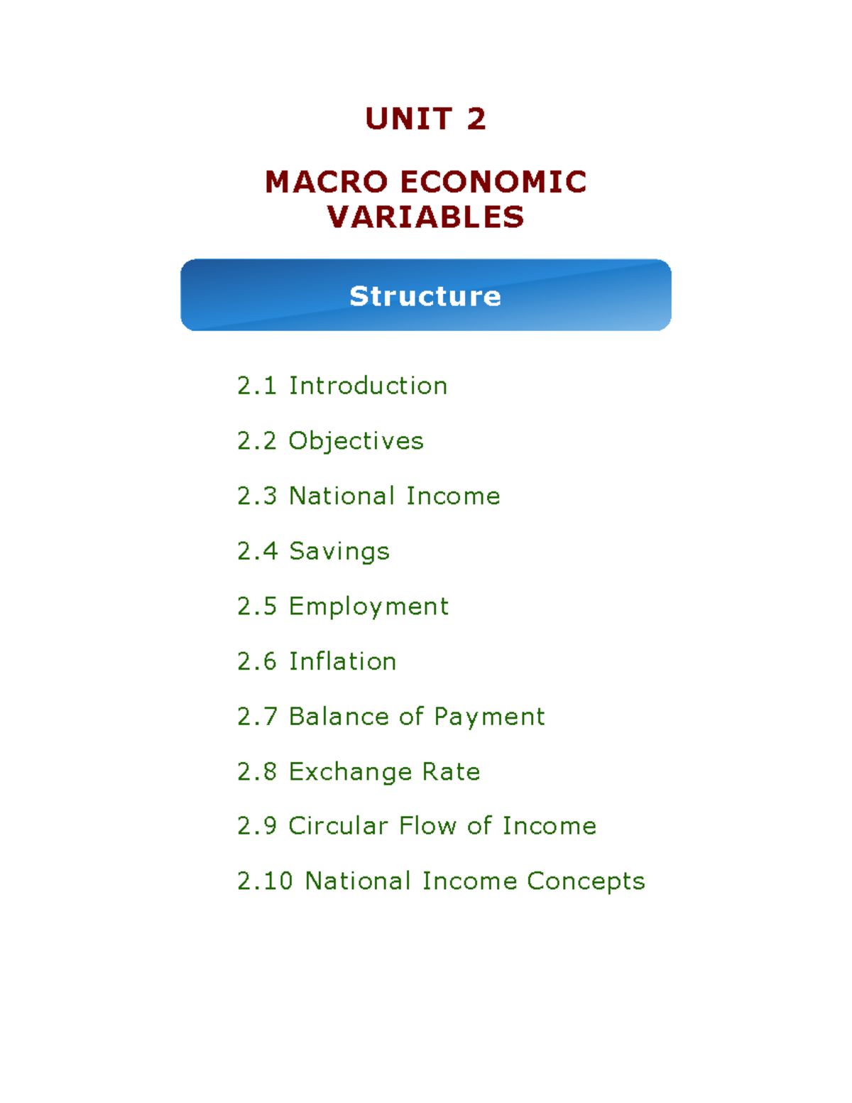 Managerial Economics - UNIT 2 MACRO ECONOMIC VARIABLES Structure 2 Introduction 2 Objectives 2 ...
