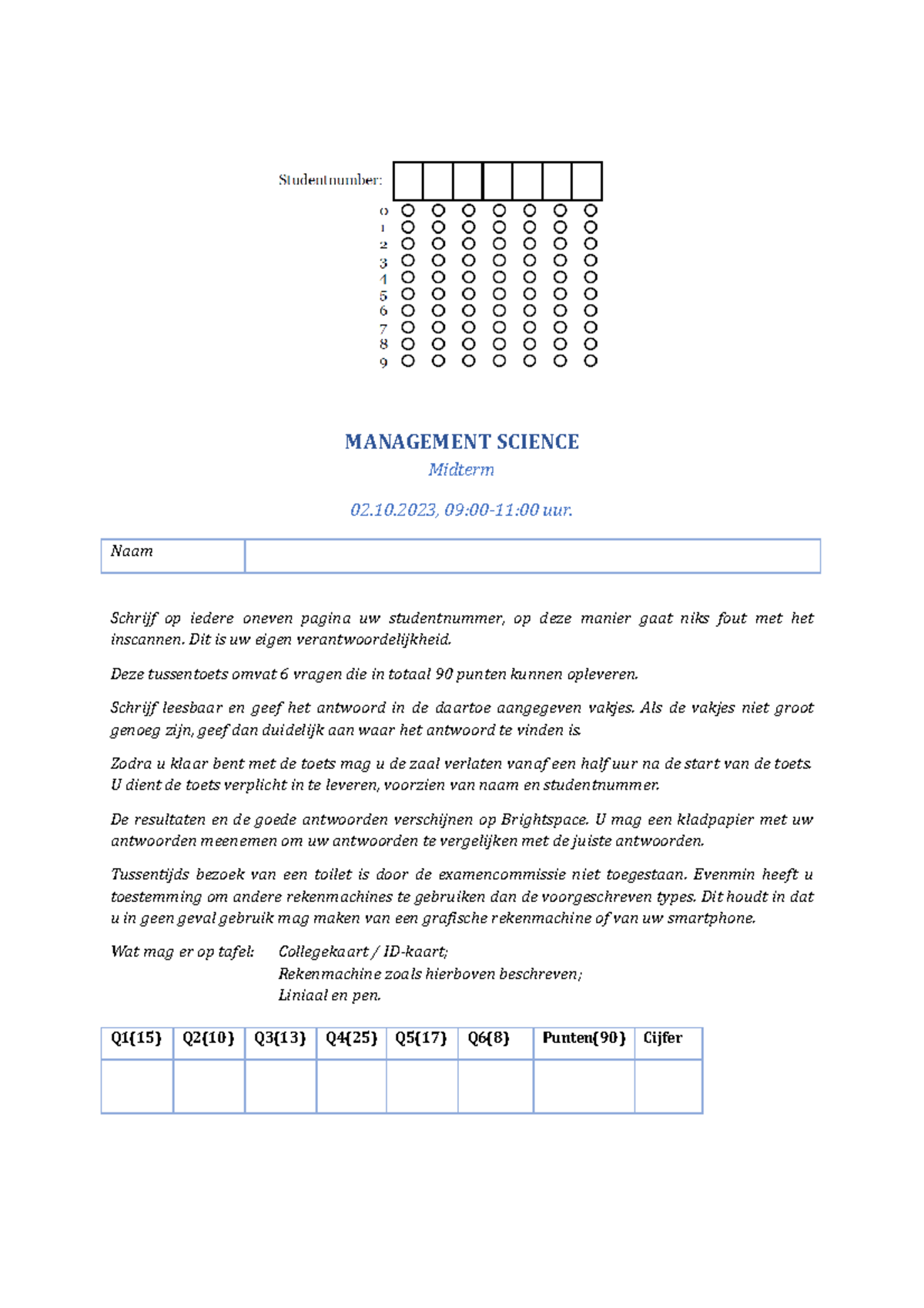 Midterm Management Science 2023 Antwoordenblad - MANAGEMENT SCIENCE ...