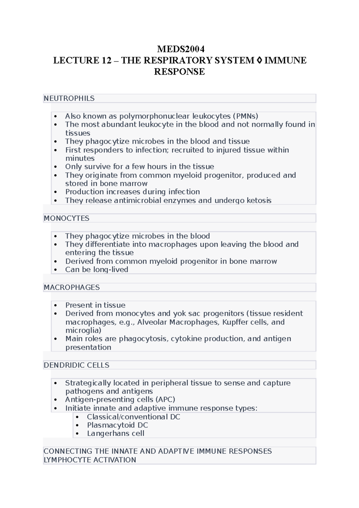 Meds2004 Lecture 12 The Respiratory System Immune Response Meds