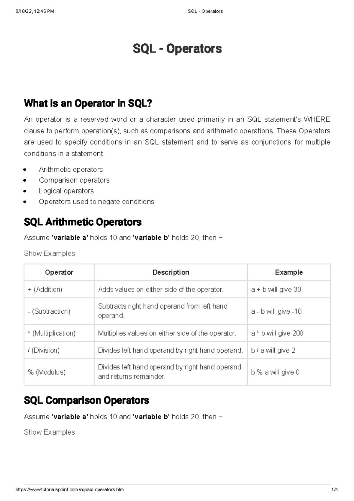 Sql Operators Sql Sql Operators What Is An Operator In Sql An Operator Is A Reserved Word