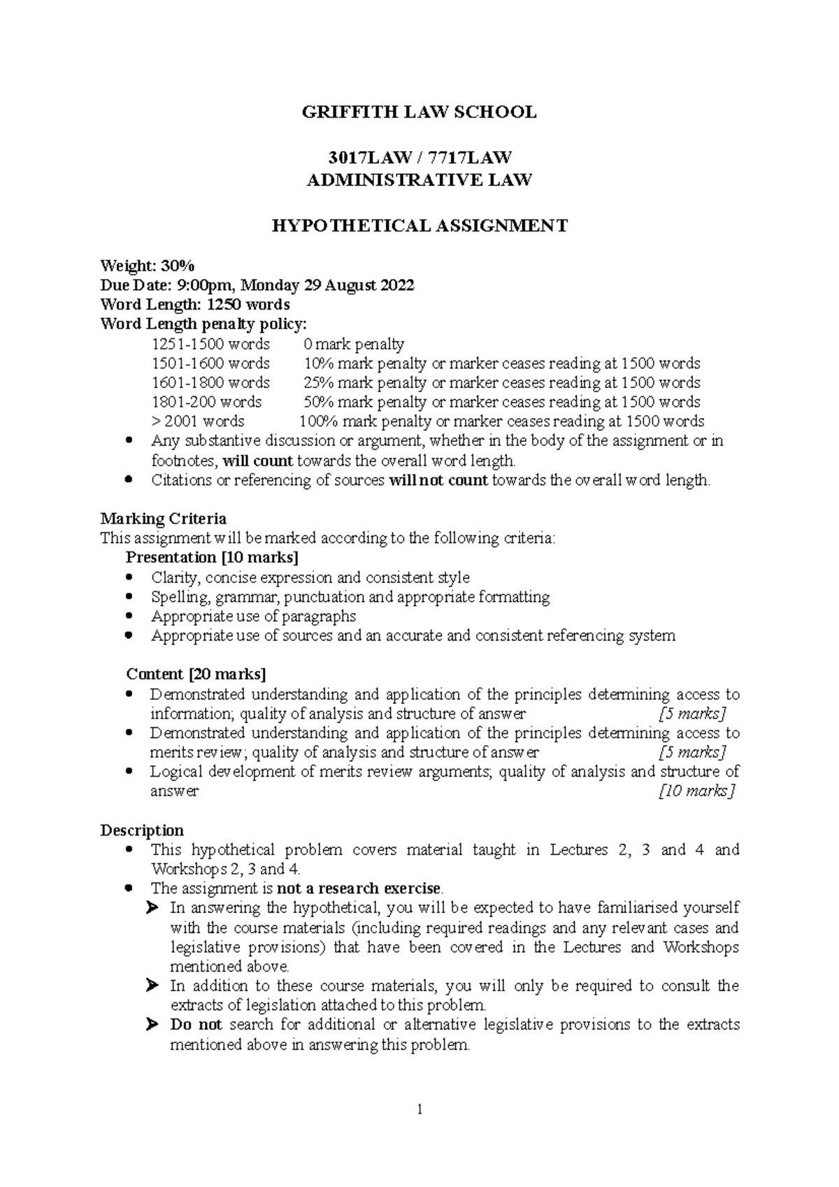 Admin Law - Hypothetical Assignment - T2 2022 - GRIFFITH LAW SCHOOL ...