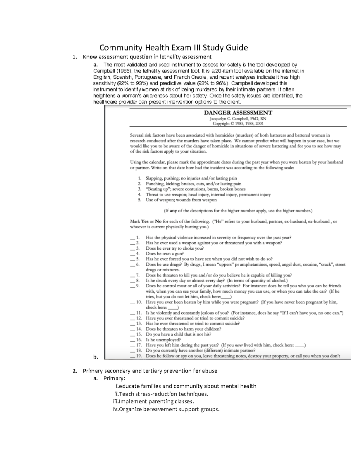 Community Health Exam III Study Guide - Know assessment question in ...
