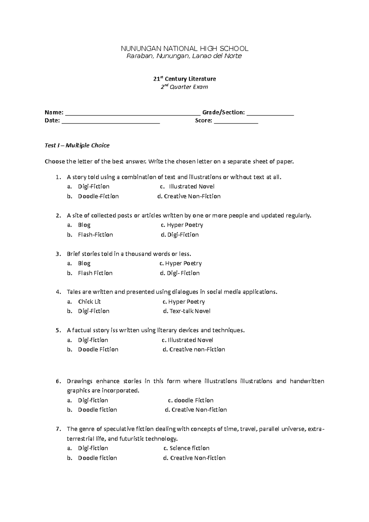 21st Century Literature - NUNUNGAN NATIONAL HIGH SCHOOL Raraban ...